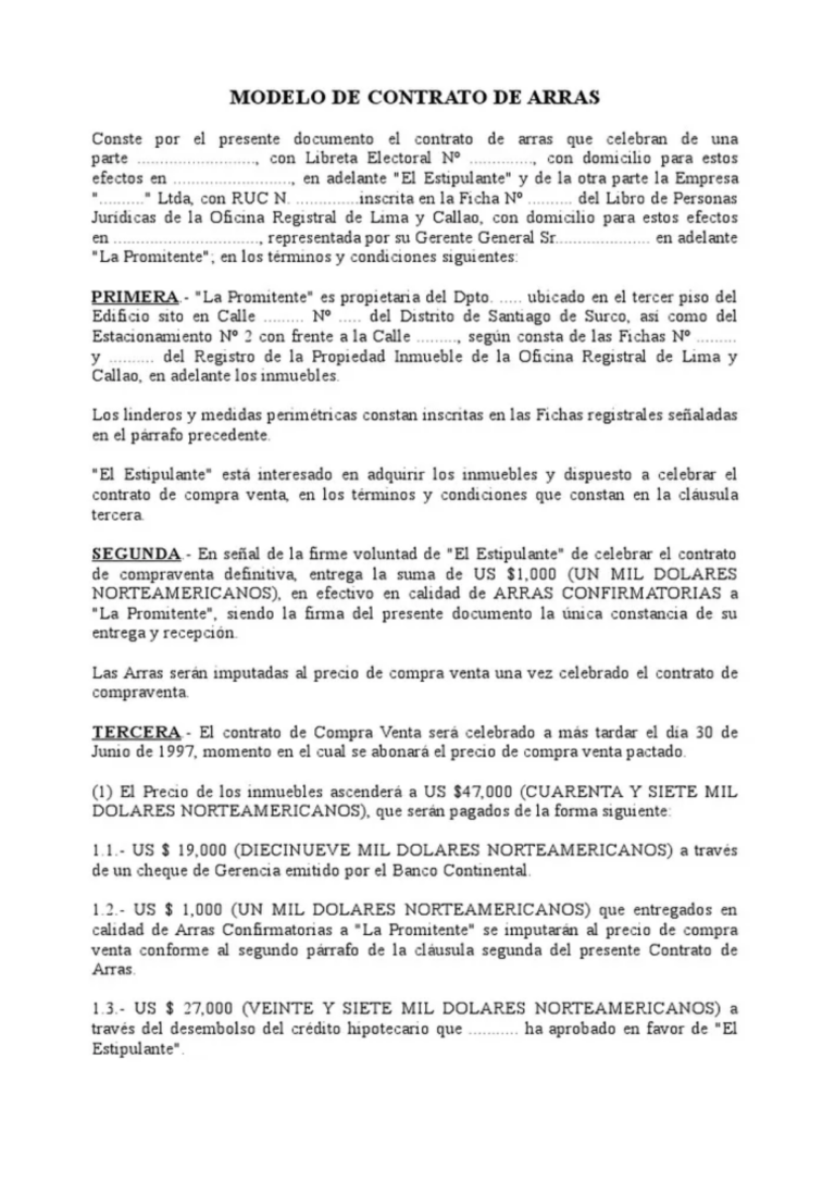 Modelo De Contrato De Arras Modelos De Contrato